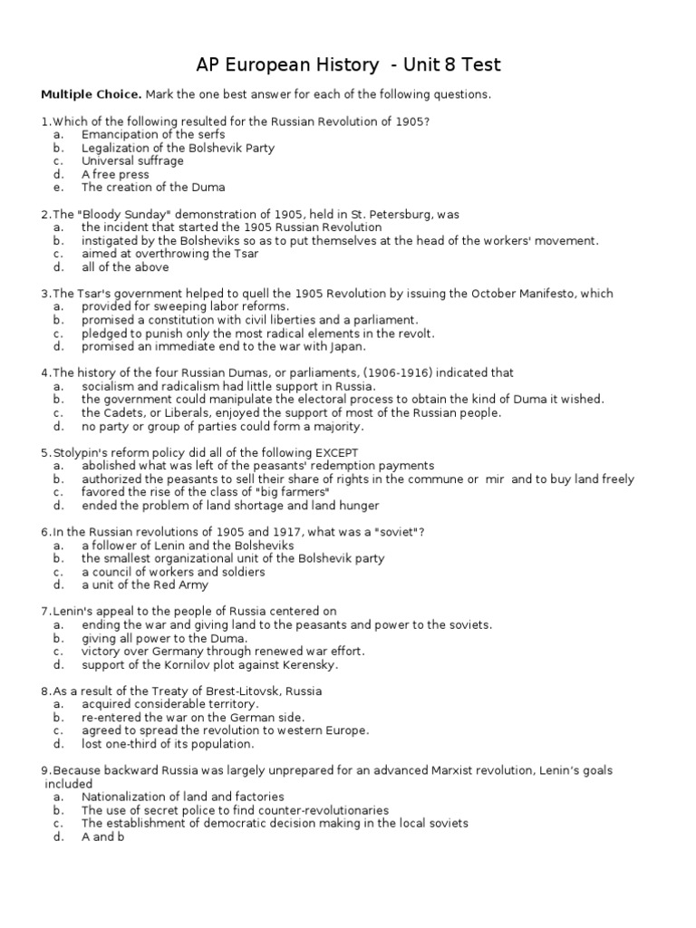 AP Euro Unit 8 Test Answer | PDF | Soviet Union | World Politics