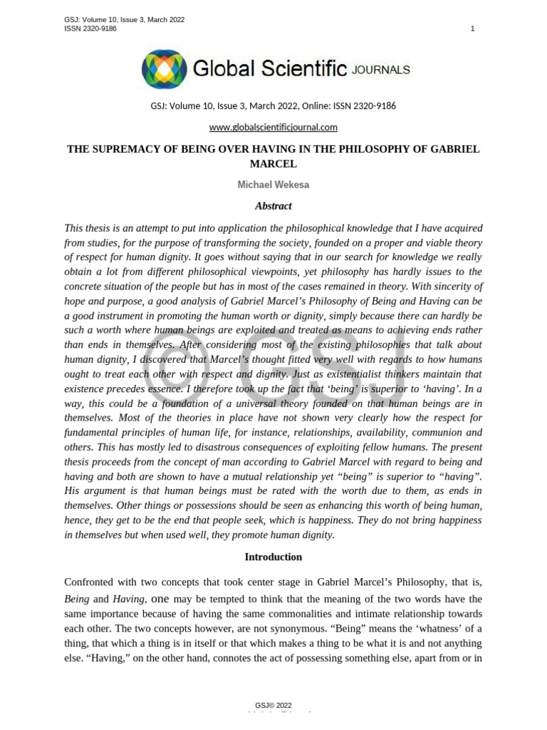 The Supremacy of Being Over Having in The Philosophy of Gabriel Marcel ...