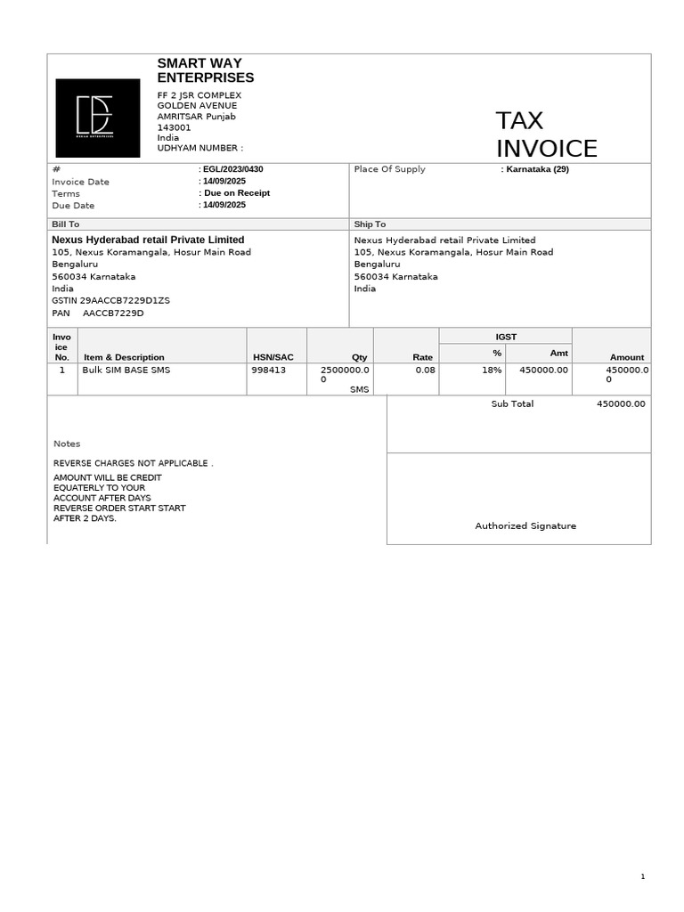 Nexus Koramangala Inv 15th SEP | PDF | Taxation | Payments