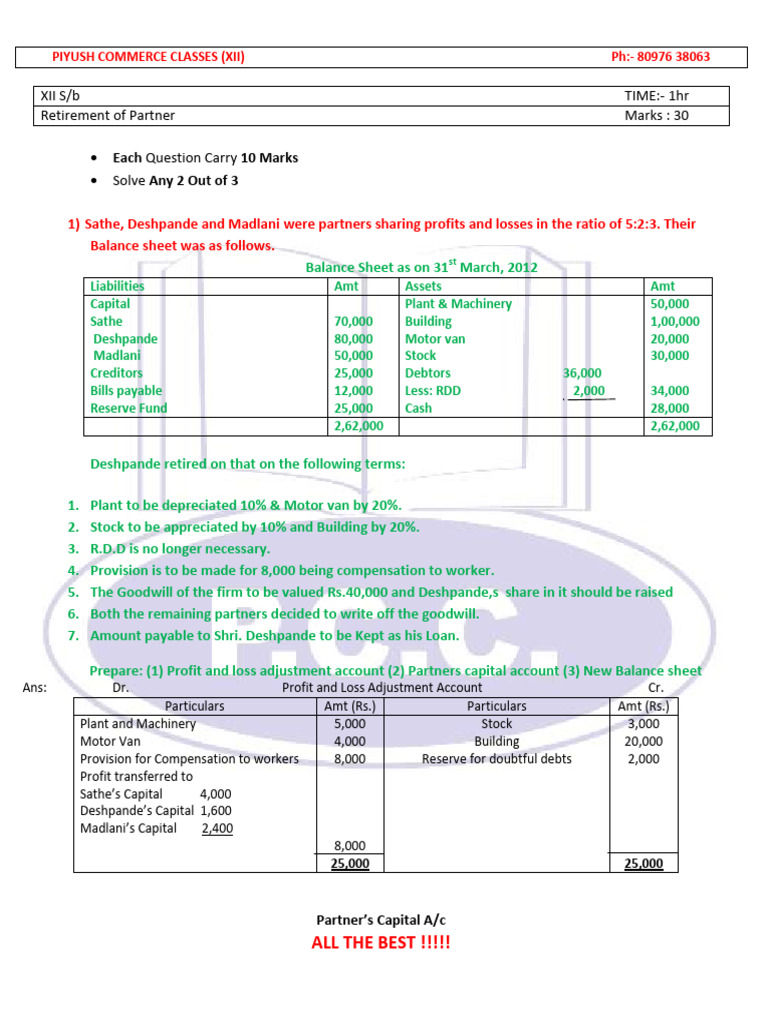 Retirement of Partners: Accounting Solutions | PDF | Balance Sheet ...