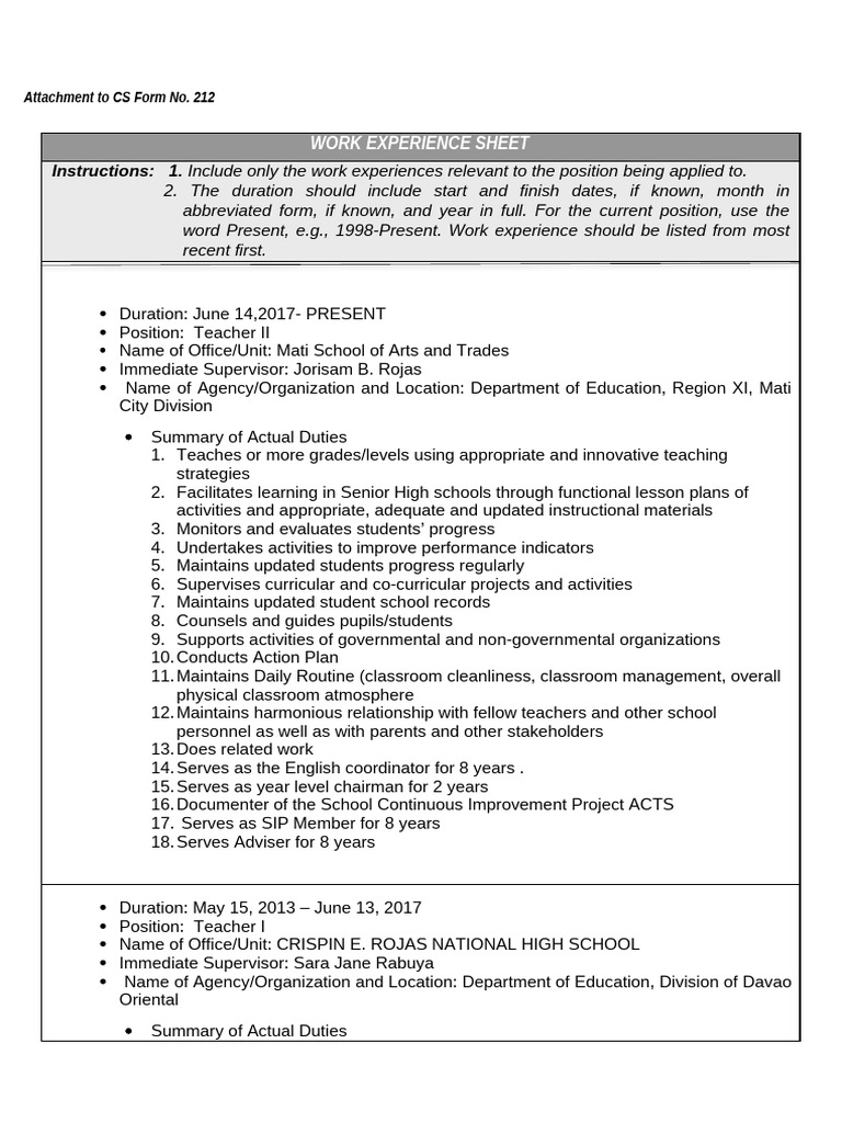 Experience Work Sheet Sample | PDF | Teachers | Classroom