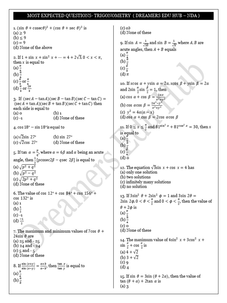 NDA 2 2025 (Trigonometry and ITF) Most Expected Questions | PDF ...