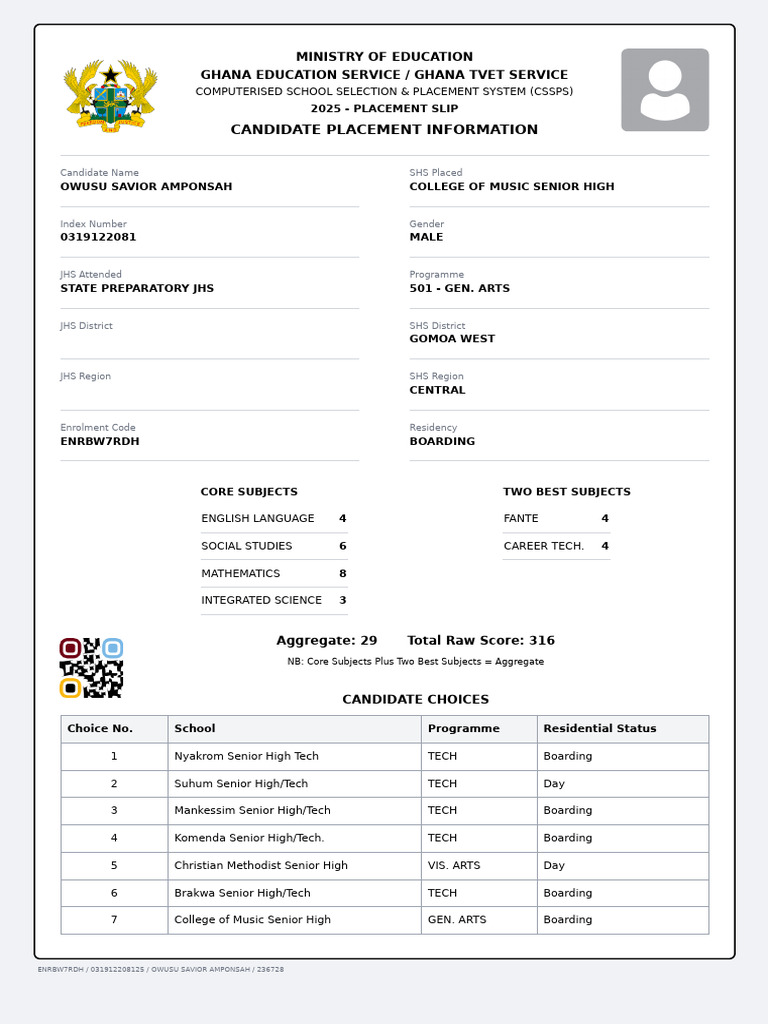 2025 Placement Slip for OWUSU AMPONSAH | PDF