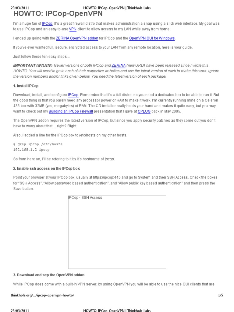 IPCop-OpenVPN Setup Guide | PDF | Secure Shell | Public Key Certificate