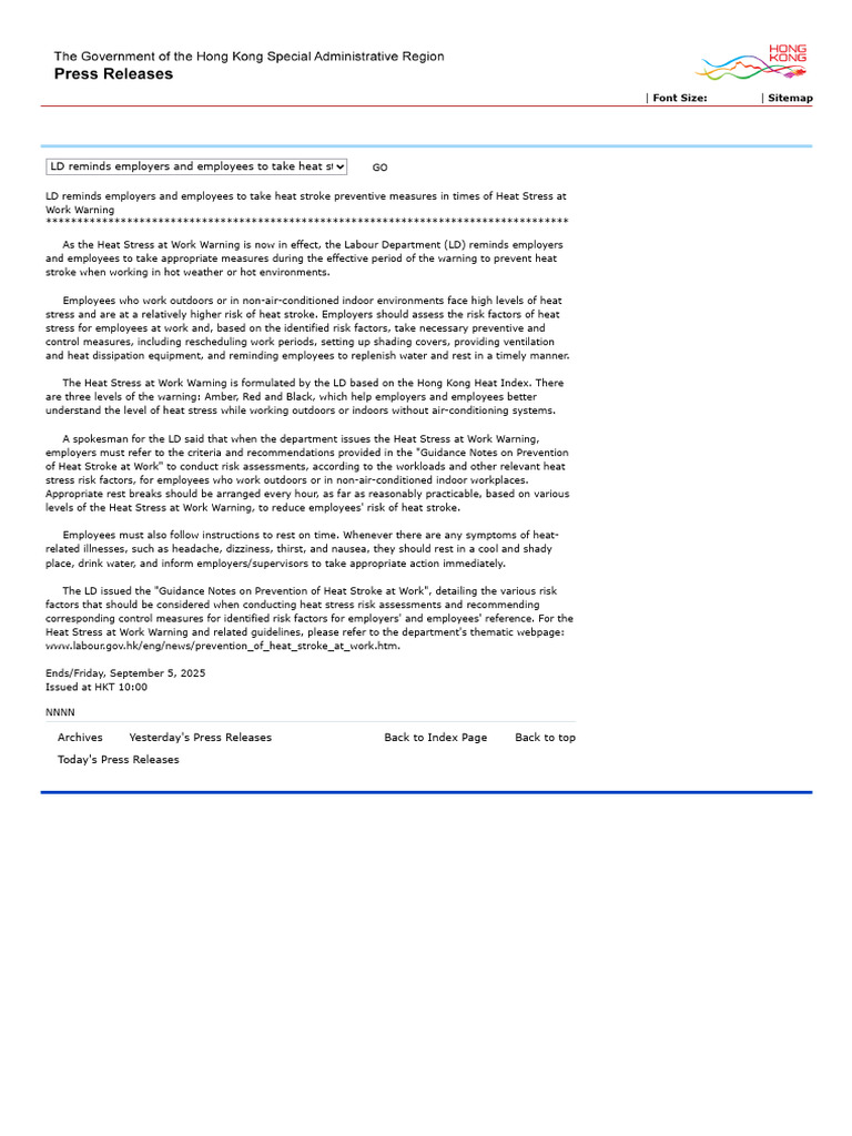 LD Reminds Employers and Employees To Take Heat Stroke Preventive ...