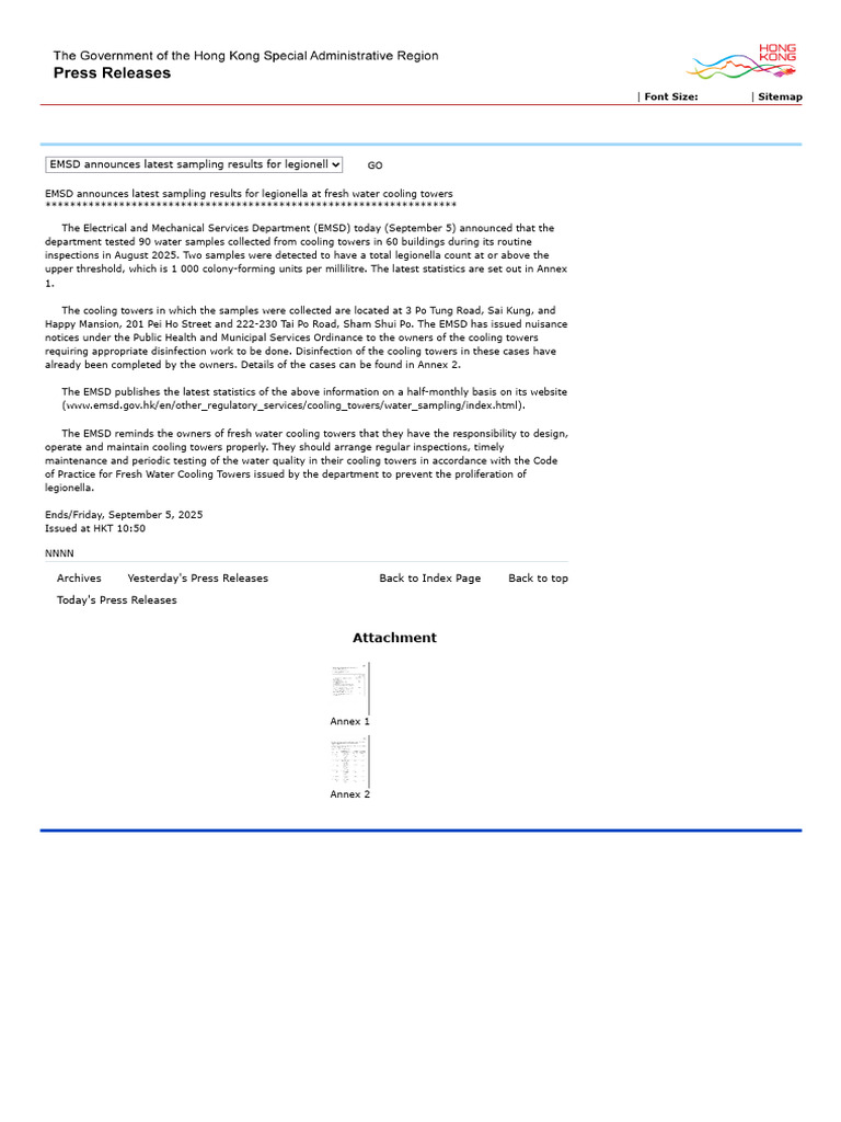 EMSD Announces Latest Sampling Results For Legionella at Fresh Water ...