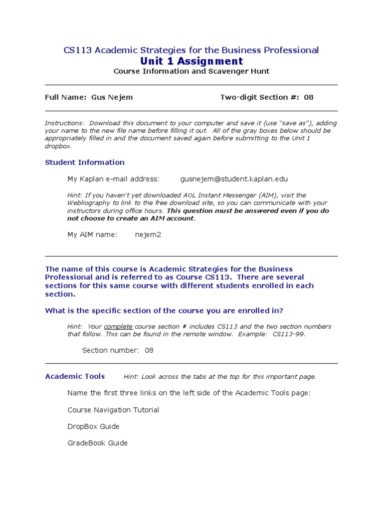 Unit 1 Assignment: CS113 Academic Strategies For The Business ...