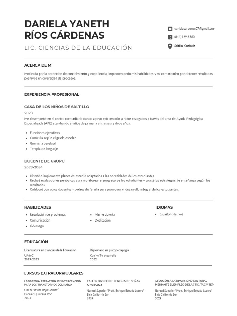 Curriculum Dariela Yaneth Ríos Cárdenas | PDF