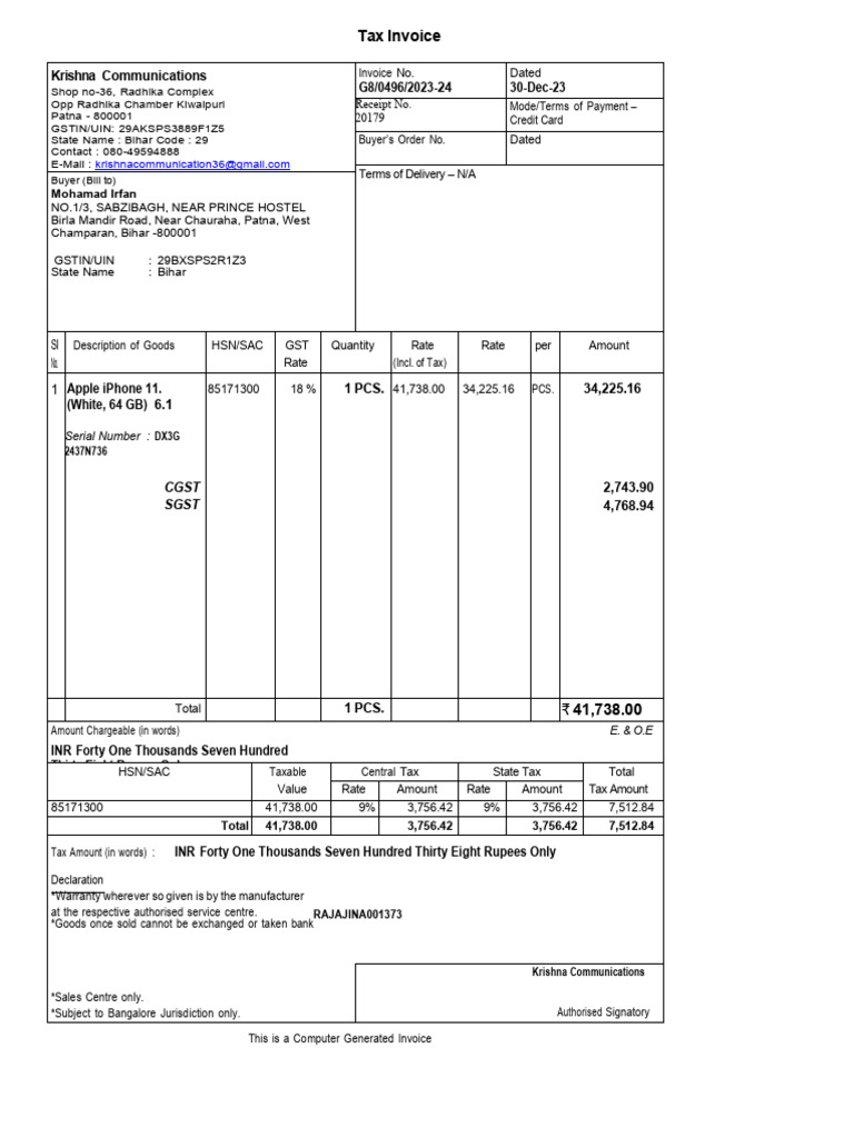 Tax Invoice for Apple iPhone 11 Purchase | PDF | Invoice | Government ...