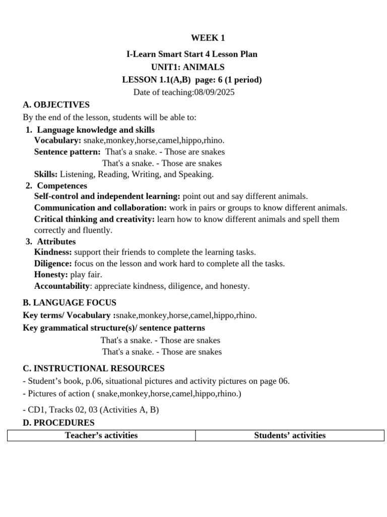 Animals Lesson Plan for Kids | PDF | Vocabulary | Learning