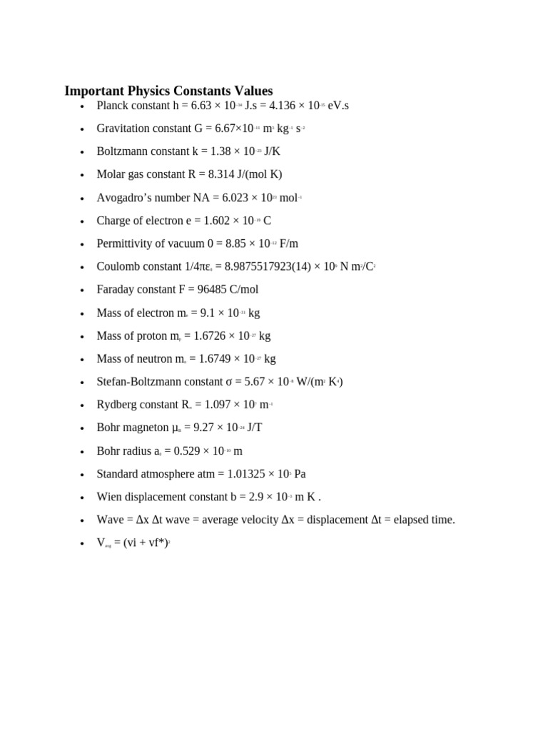 Key Physics Constant Values List | PDF