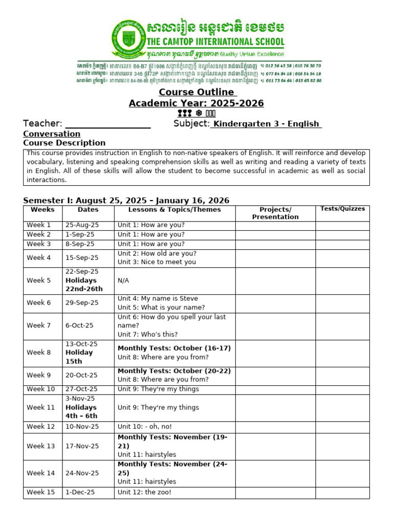 Course Outline K3 Conversation 2025-26 | PDF | English Language ...