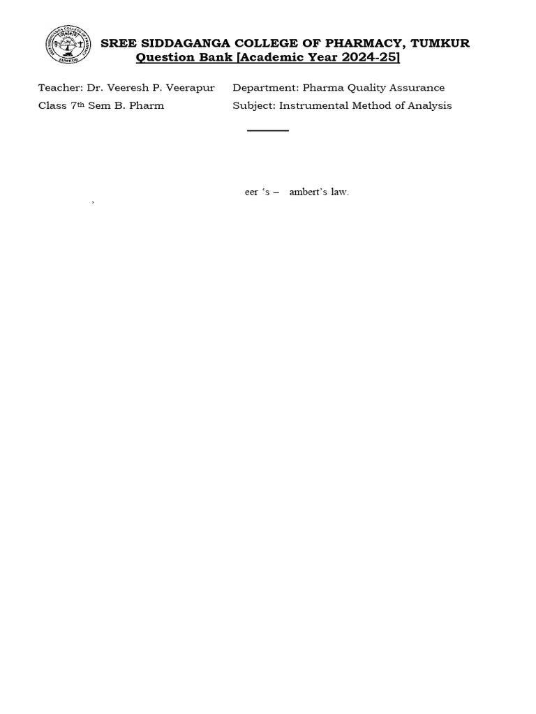 Instrumental Analysis Question Bank 2024-25 | PDF | Ultraviolet–Visible ...