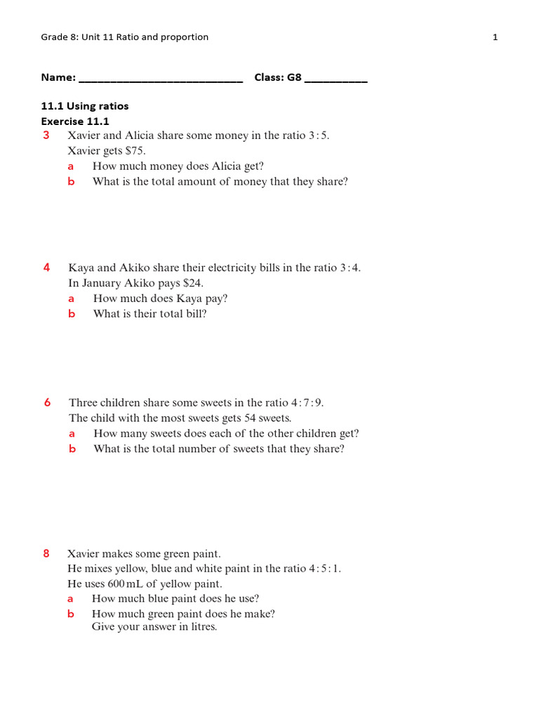 Grade 8 Ratio and Proportion Exercises | PDF | Hay | Ratio