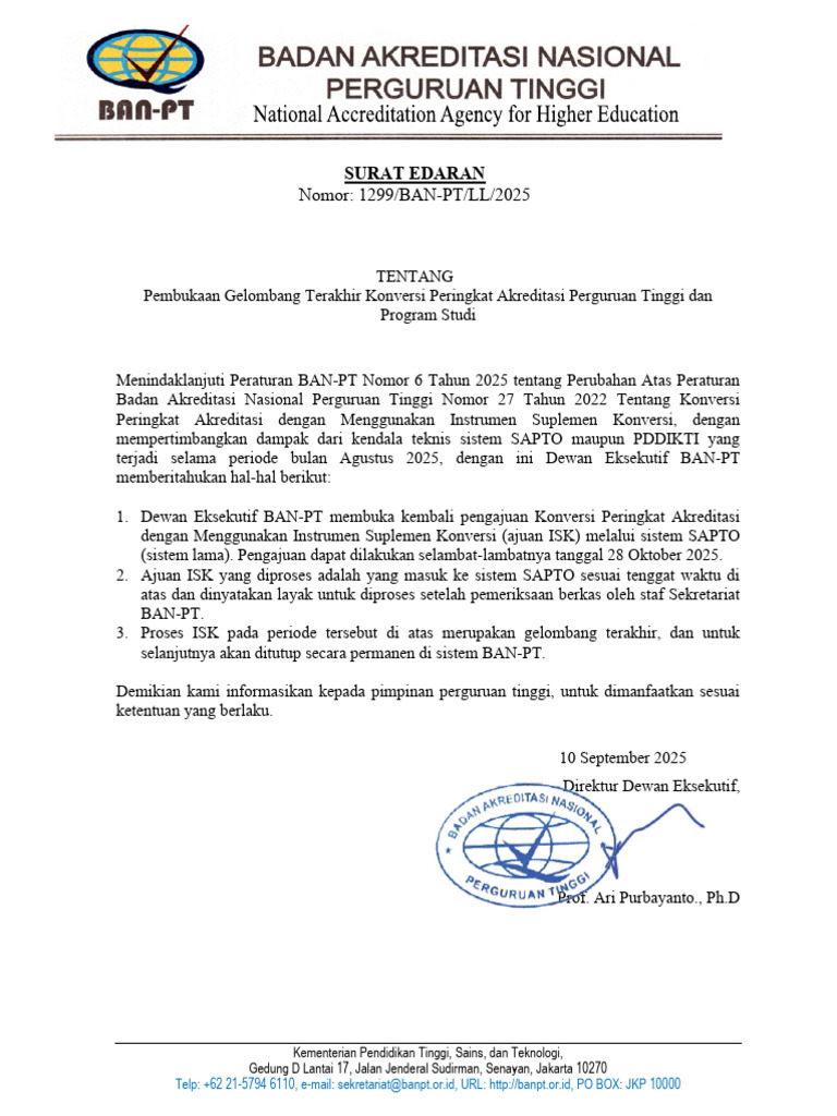 1299.BAN PT.ll .2025 Tentang Pembukaan Gelombang Terakhir Konversi Peringkat Akreditasi ...
