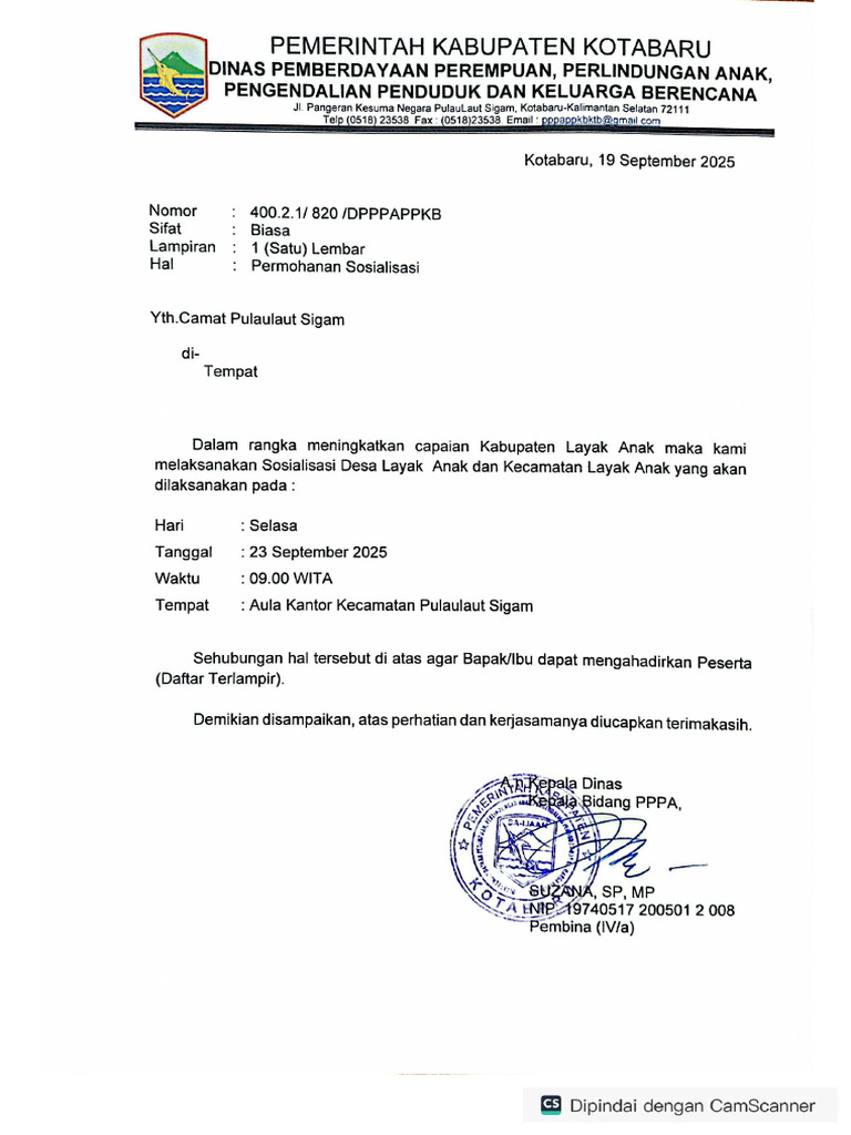 Surat Permohonan Sosialisasi Desa Layak Anak PL Sigam | PDF