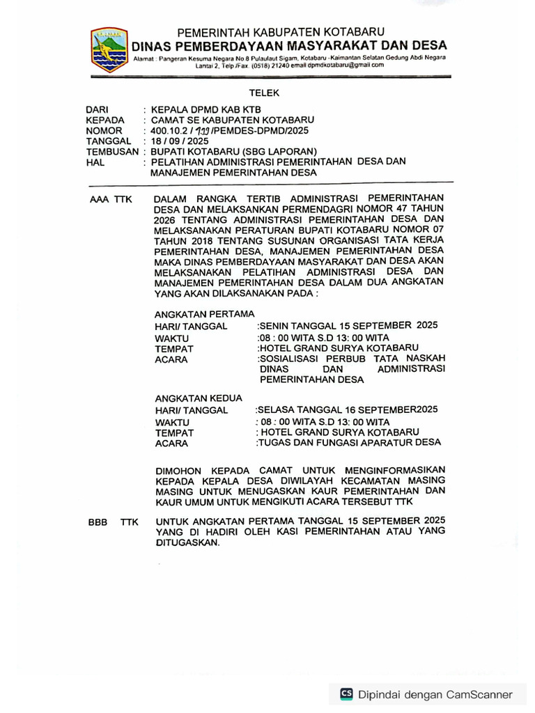 Telek Kegiatan Kasi Pem Dan Kaur Umum TGL 15,16 Sep 2025 | PDF