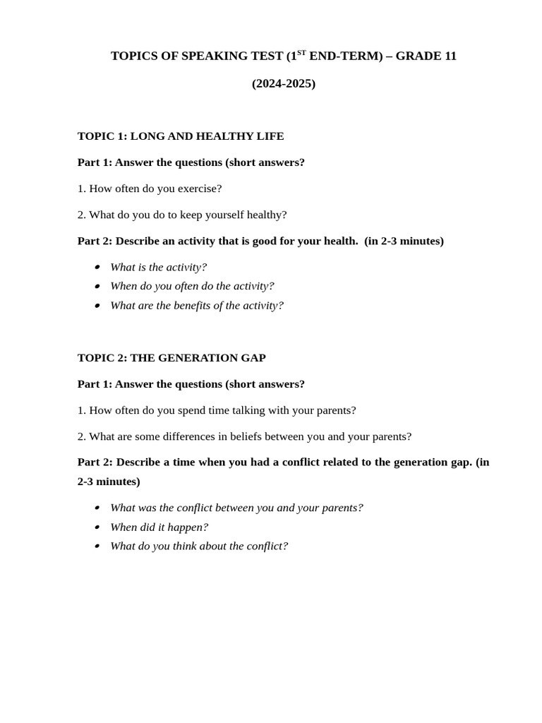 Grade 11 Speaking Test Topics 2024-2025 | PDF
