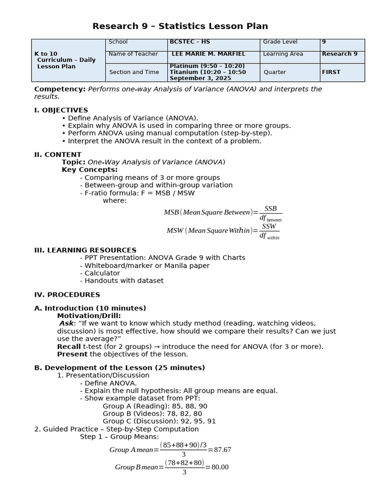 ANOVA Lesson Plan for Grade 9 Students | PDF | Analysis Of Variance ...