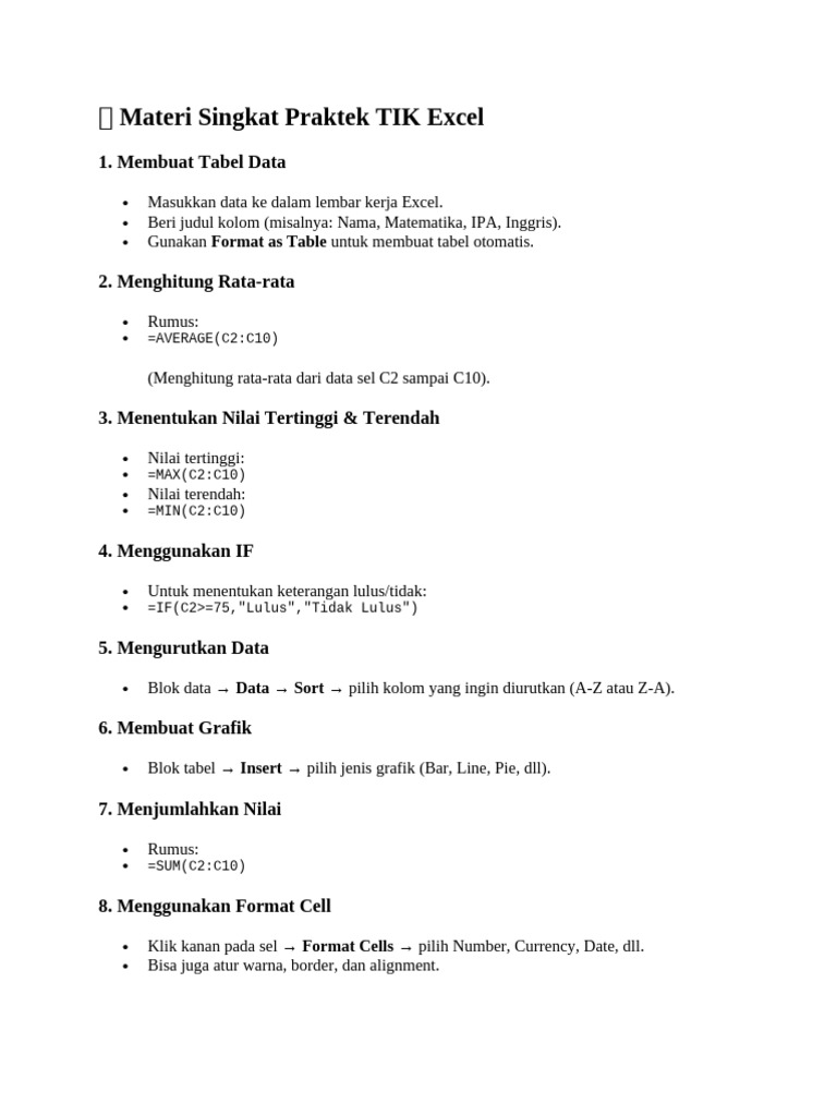 ? Materi Singkat Praktek TIK Excel | PDF
