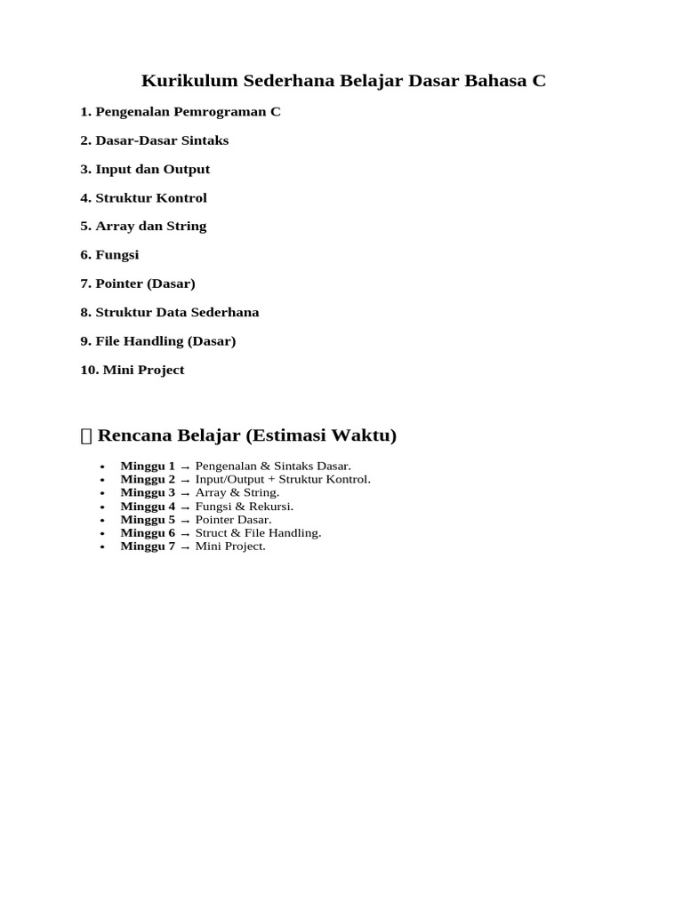 ? Kurikulum Sederhana Belajar Dasar Bahasa C | PDF