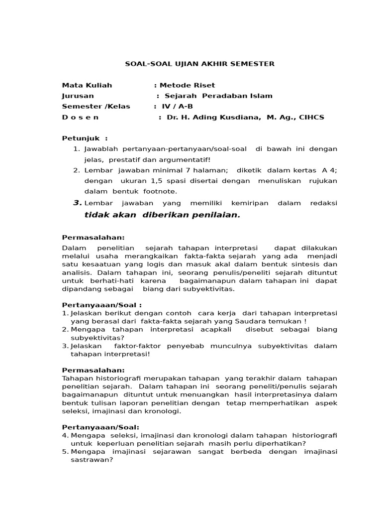 Soal-Soal Uas MK Metode Riset - Kelas A-B | PDF