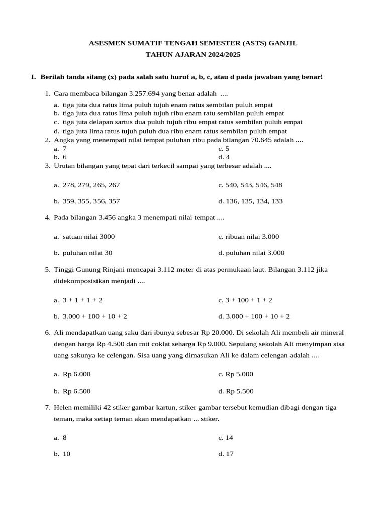LATIHAN SOAL ASTS MTK KELAS 4 | PDF