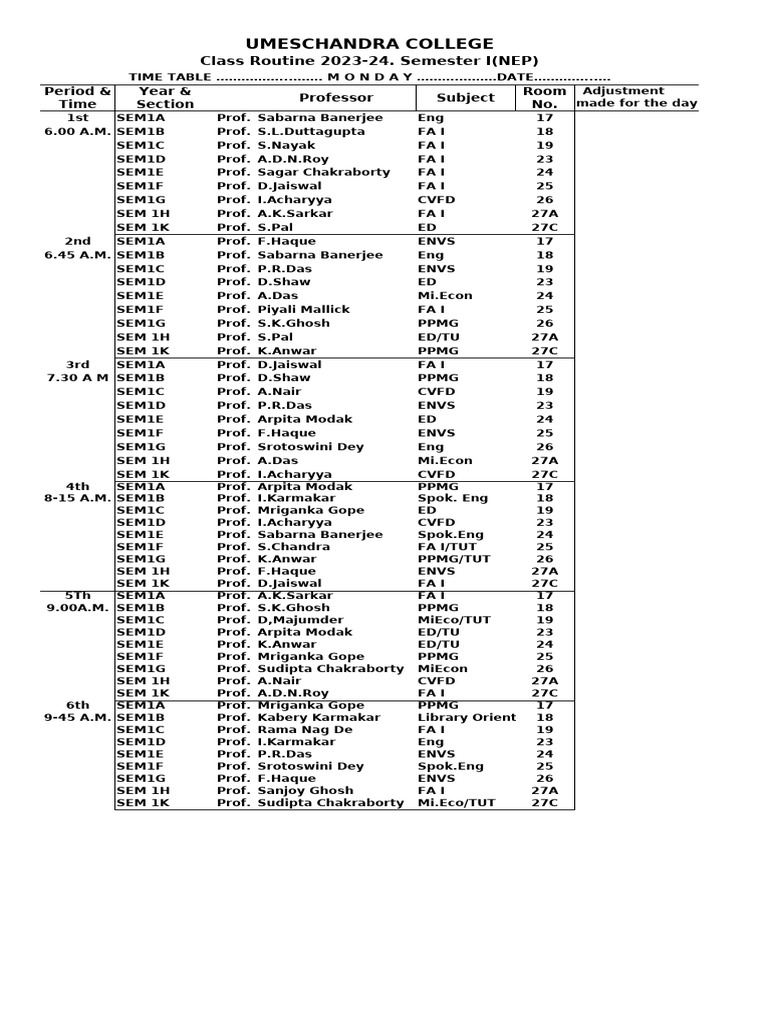 UMESCHANDRA COLLEGE Semester I Timetable | PDF