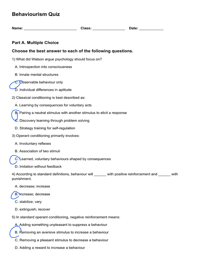 Behaviourism Quiz Overview | PDF | Behaviorism | Learning