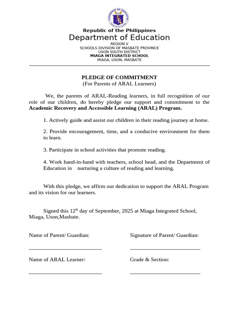 ARAL Program Parent Commitment Pledge | PDF