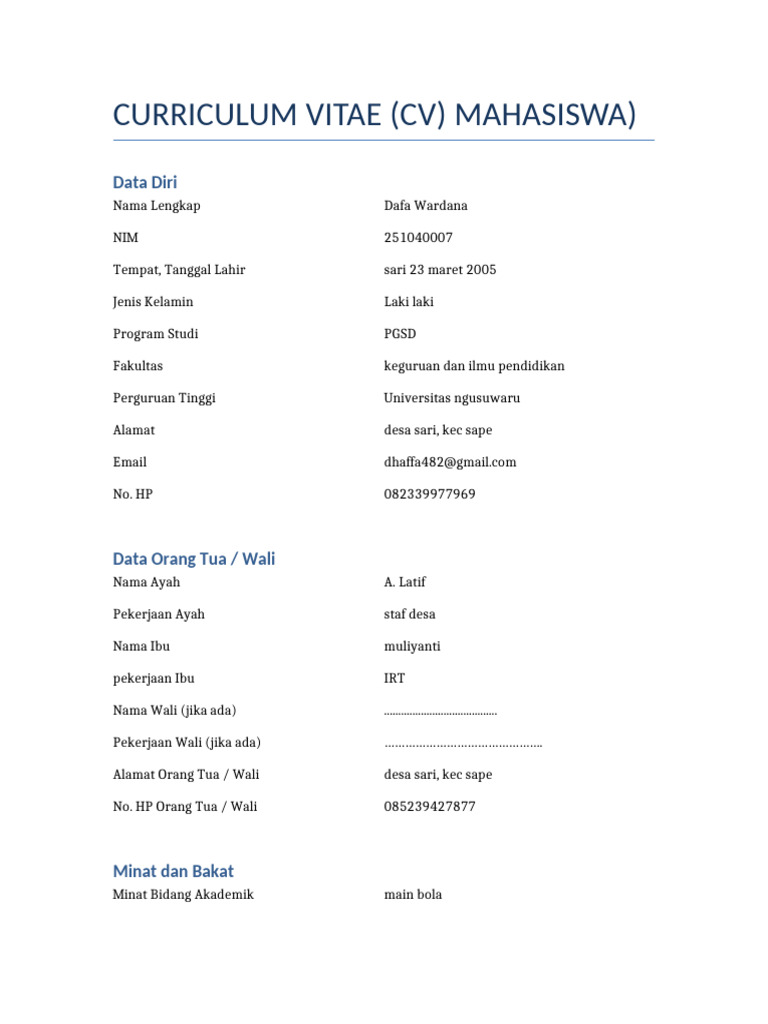 CV Mahasiswa PGSD Universitas Ngusuwaru | PDF