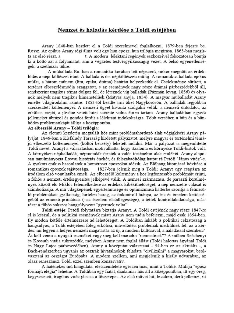 Nemzet Es Haladas Kerdese A Toldi Estejeben | PDF
