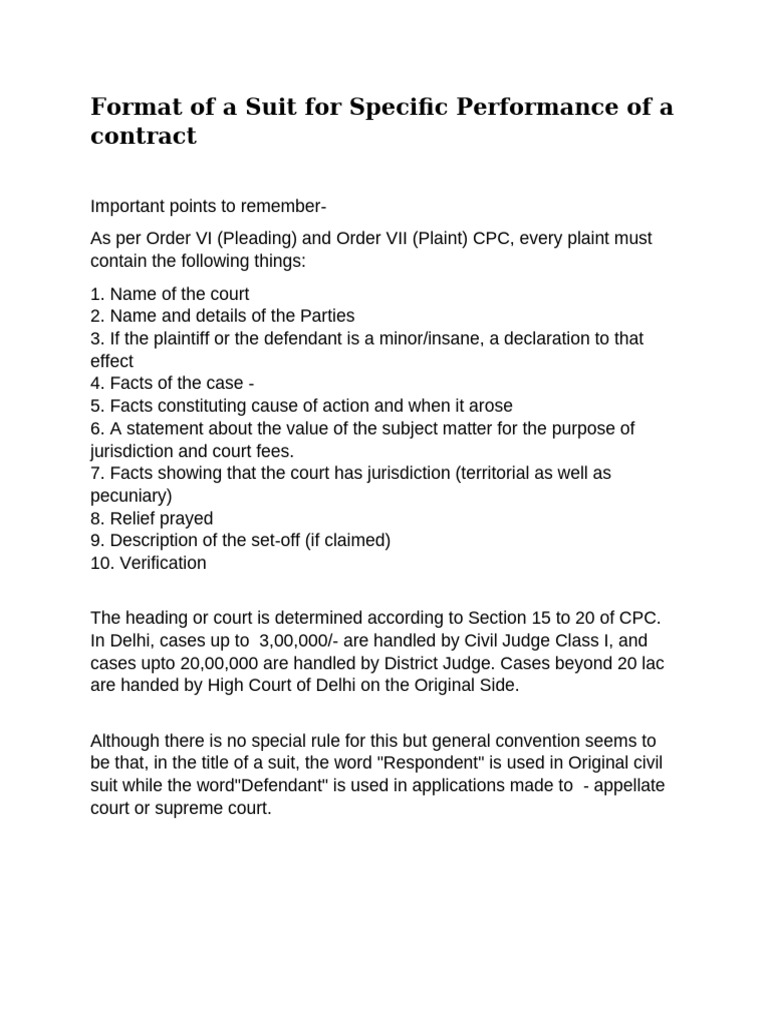 Format of A Suit For Specific Performance of A Contract | PDF | Lawsuit | Justice