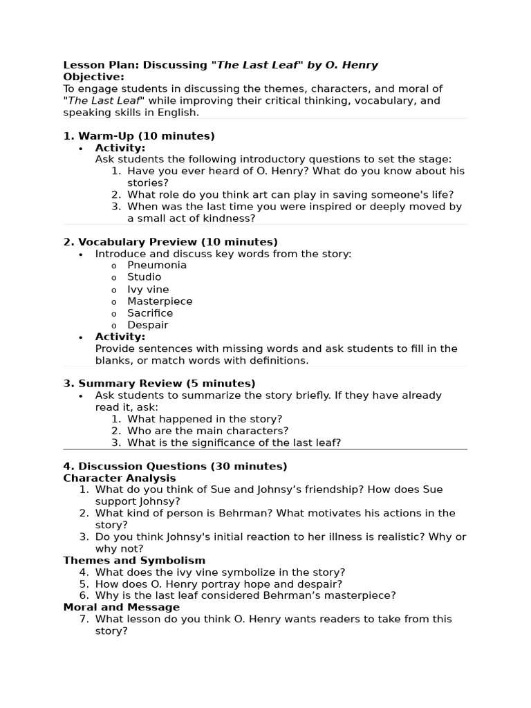 The Last Leaf Lesson Plan | PDF