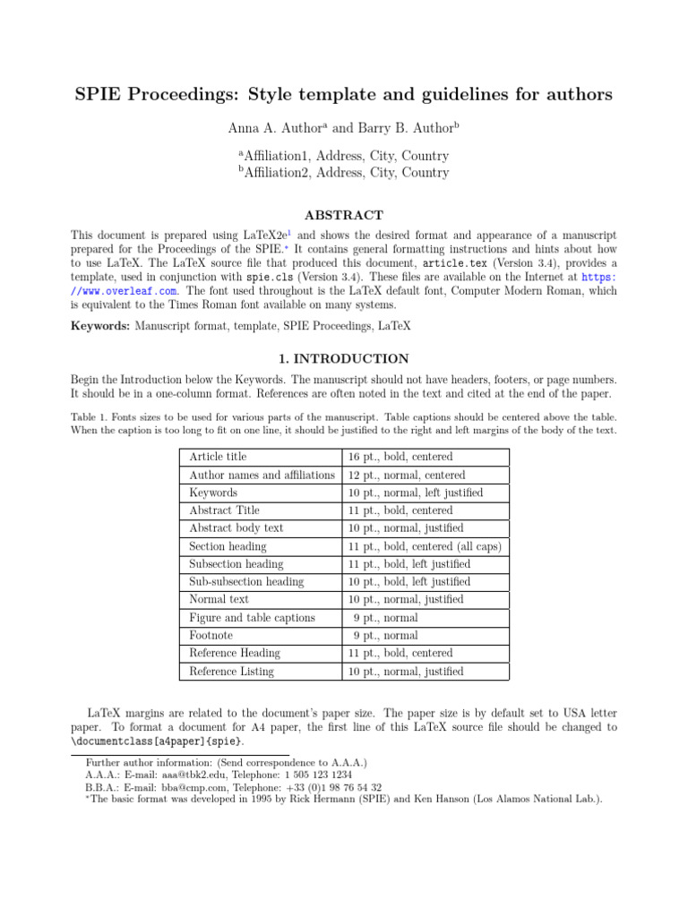 Spie Proceedings Style Template and Guidelines For Authors | PDF ...