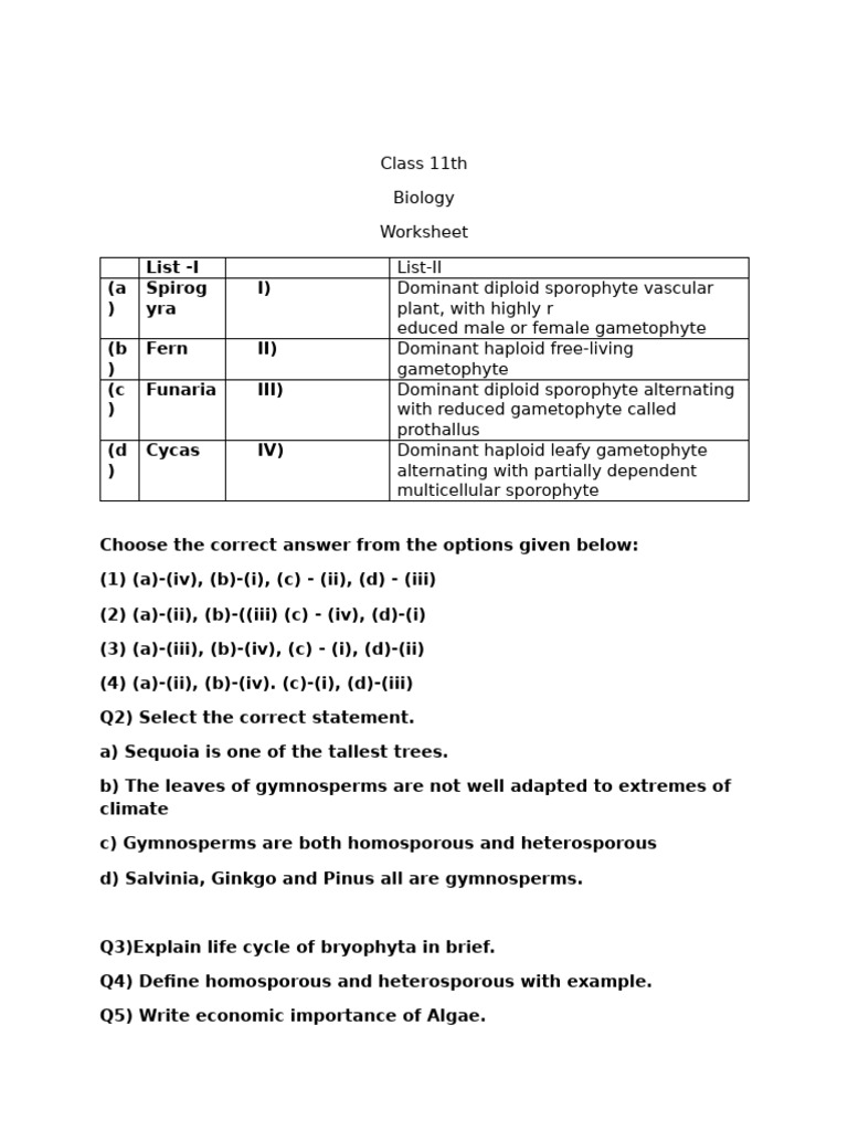 Class 11 Biology Worksheet on Plants | PDF