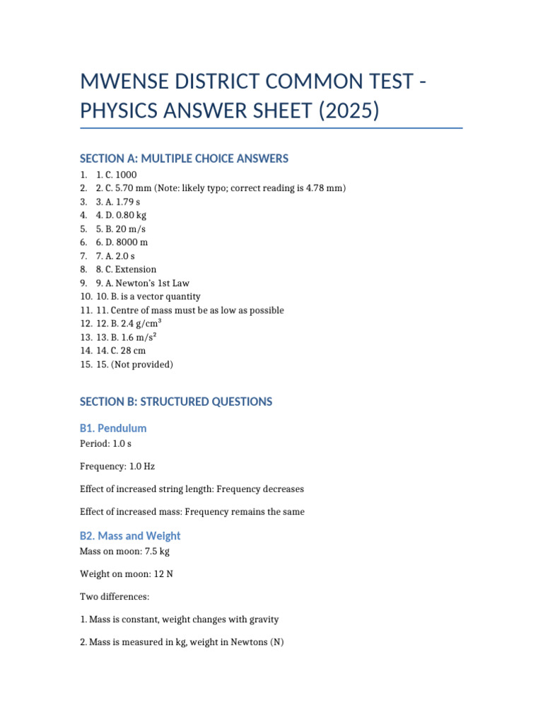 Physics Test Answers 2025 | PDF