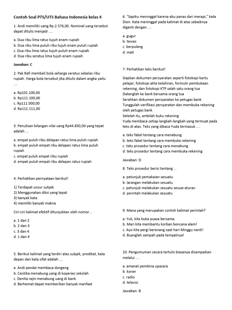 Contoh Soal PTS_B.Indo kelas 4 smtr 2 | PDF