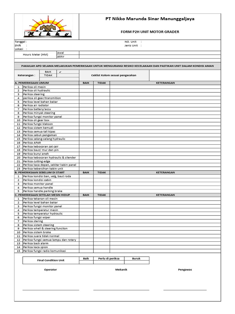 Form P2H Pemeriksaan Alat Berat | PDF