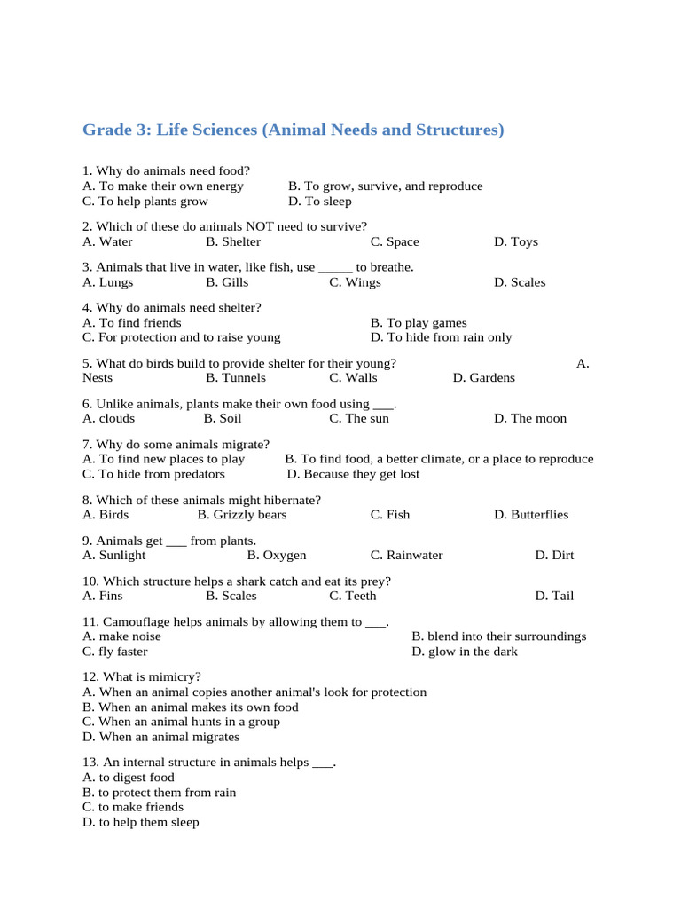 Grade 3 - Life Sciences (Animal Needs and Structures) | PDF | Predation ...