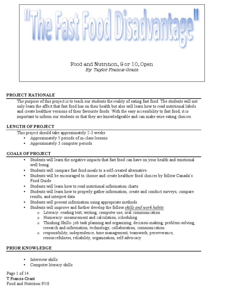 Food and Nutrition, 9 or 10, Open: Project Rationale | PDF | Nutrition ...