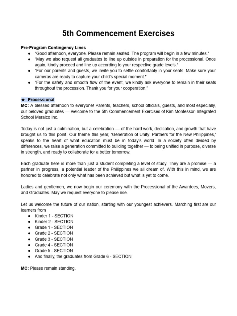 5th Commencement Exercises Script Pdf