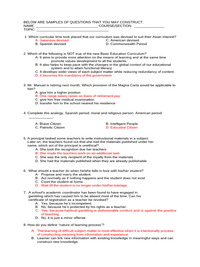 Samples of Questions | PDF | Teachers | Curriculum
