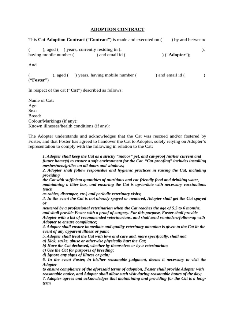 External Adoption Contract | PDF | Cats | Neutering