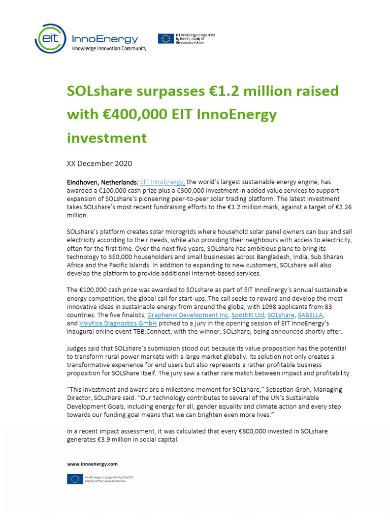 Solshare Surpasses 12 Million Raised With 400 000 Eit Innoenergy ...