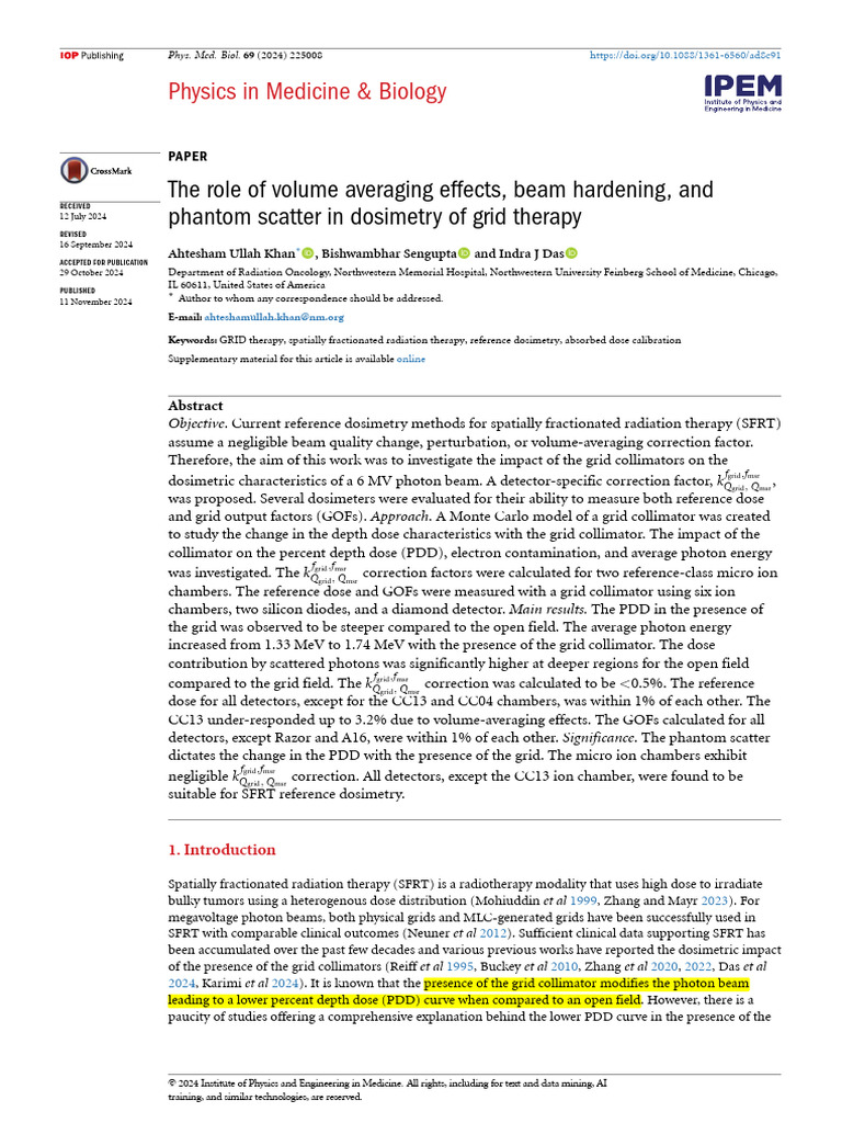 The Role of Volume Averaging Effects, Beam Hardening, and Phantom Scatter in Dosimetry of Grid ...