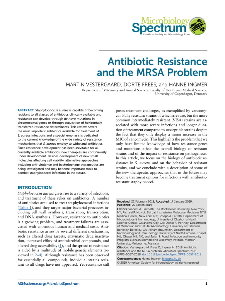 Vestergaard Et Al 2019 Antibiotic Resistance and The Mrsa Problem | PDF ...