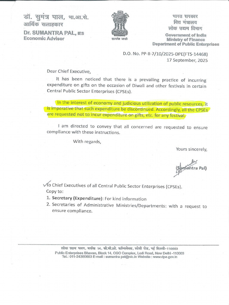 Letter Dt.17.09.2025 From Economic Advisor | PDF