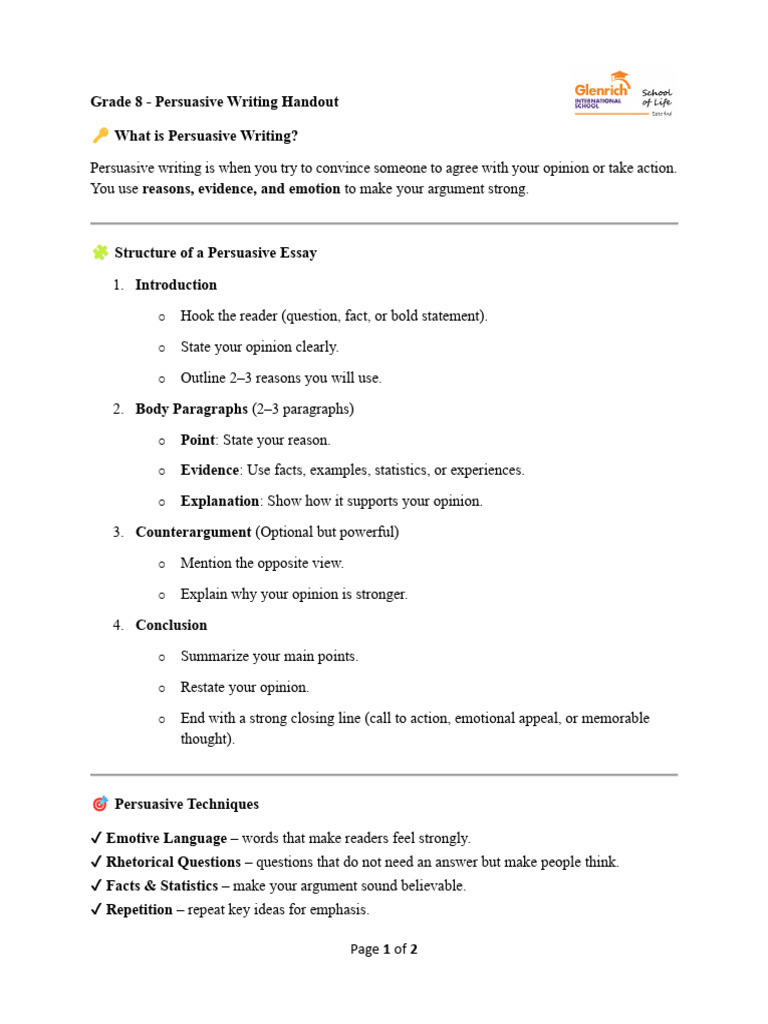 GR 8 - Persuasive Writing Handout | PDF