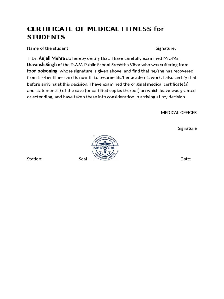 Certificate of Medical Fitness For Students 2 | PDF